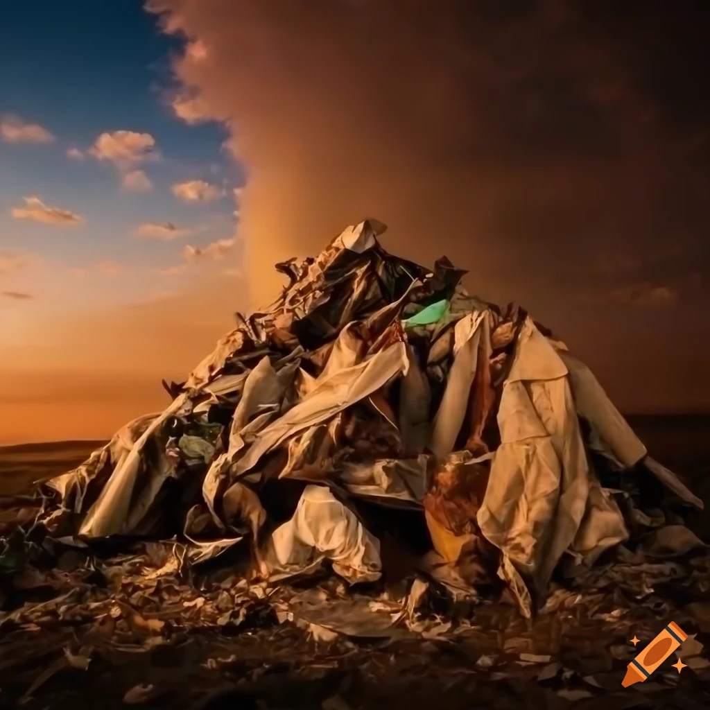 Pile of junk garbage covered with a drapery in a dramatic destroyed ...