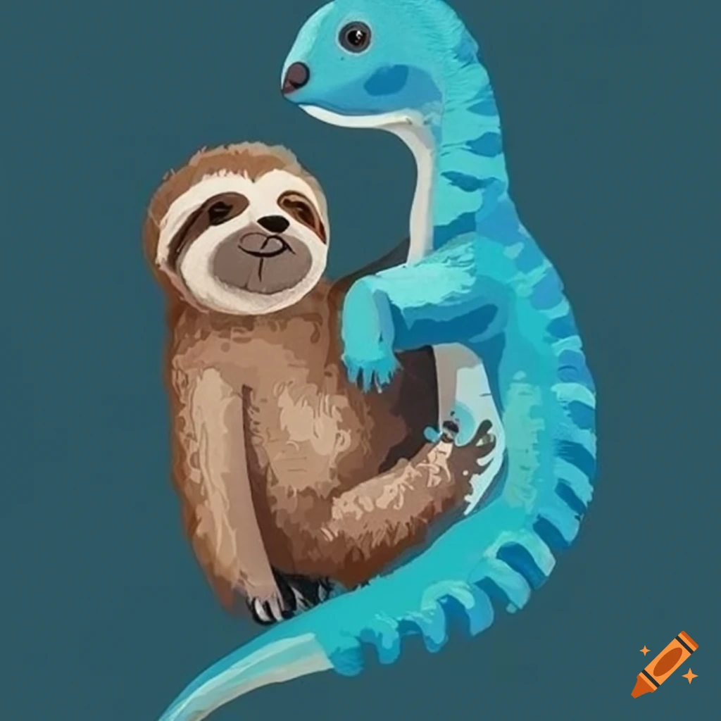Cuddly toy sloth with blue dinosaur on Craiyon
