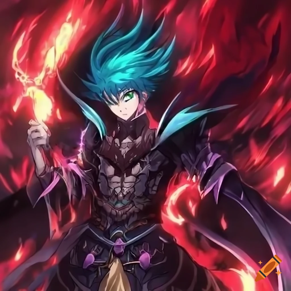 Anime fantasy hunter with fiery meteor and bat wing armor on Craiyon