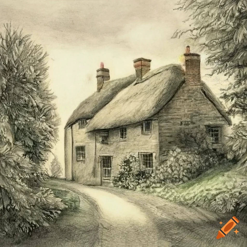 Pencil drawing of an old English cottage scene on Craiyon