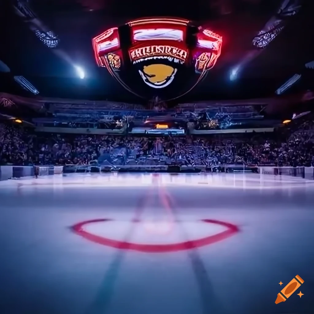 Empty ice rink with florida panthers logo skate marks on Craiyon