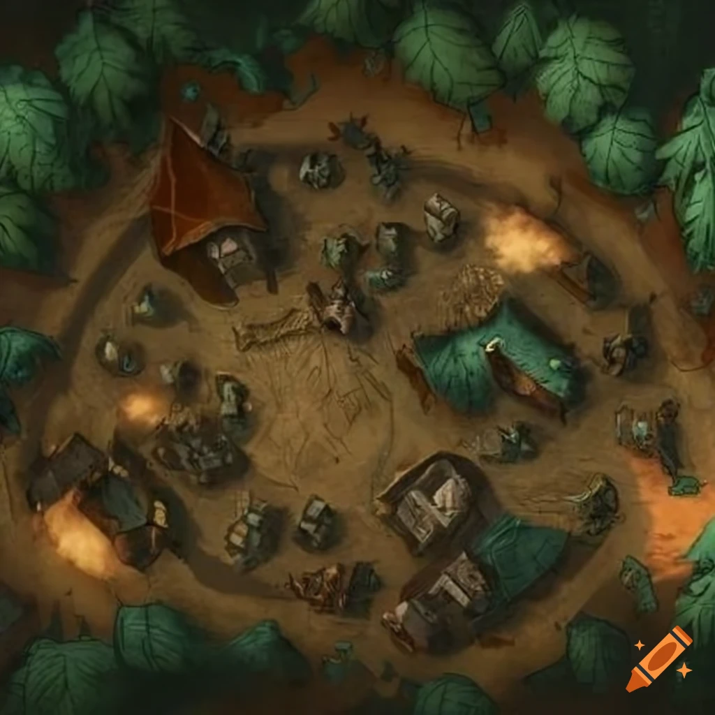 Bird's eye view of a giant's war camp with improvised tree tents on an ...