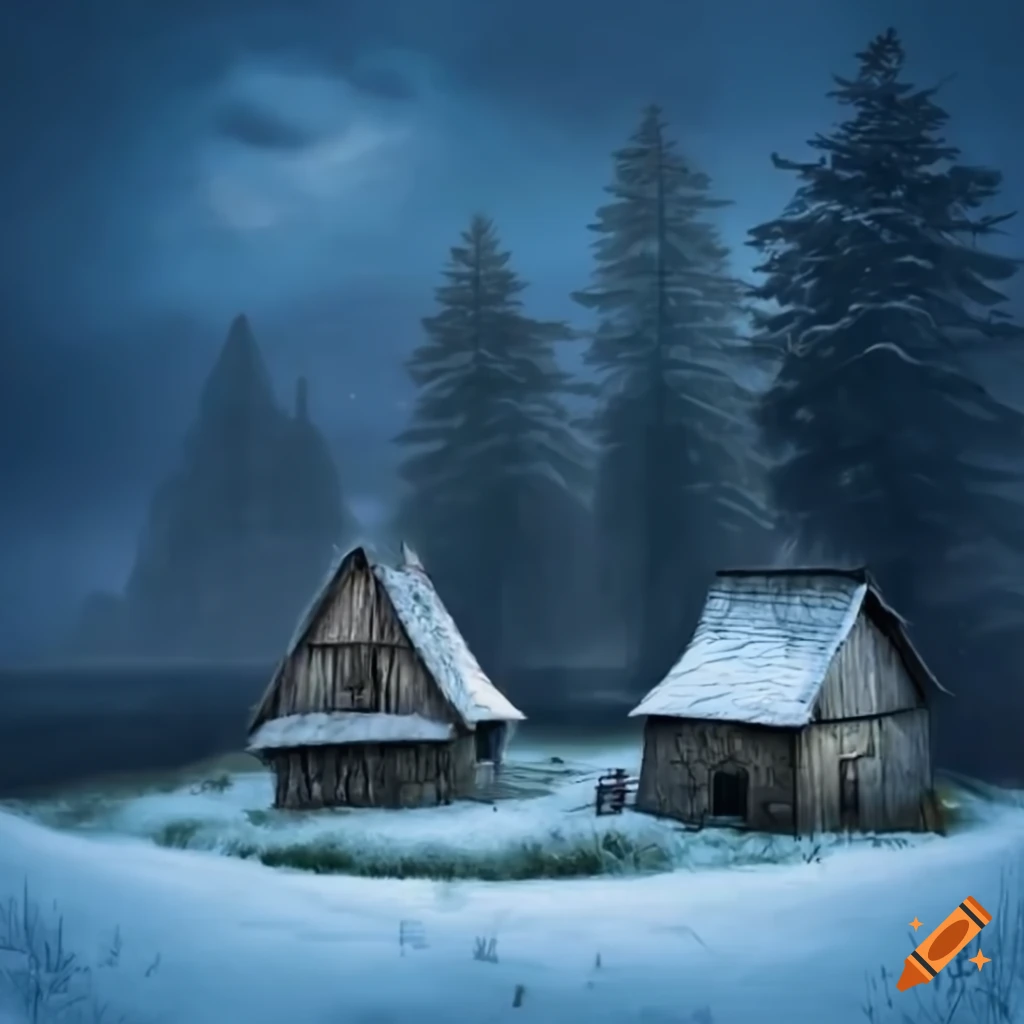 Quaint medieval farm with a dusting of snow on Craiyon