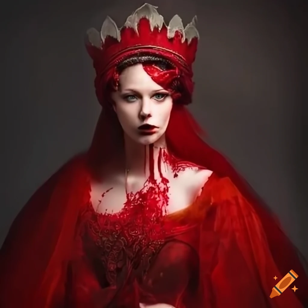 Red queen with a bloody dress in an artistic depiction on Craiyon