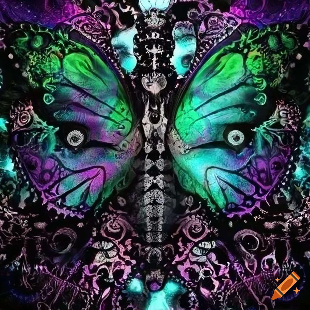 Butterfly in a void with black steampunk and psychedelic elements on ...