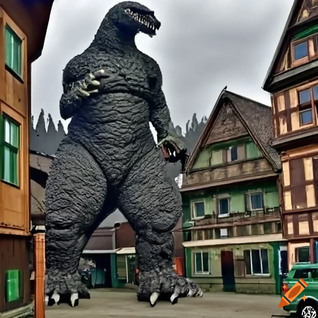 Godzilla standing among houses in a dark forest area on Craiyon