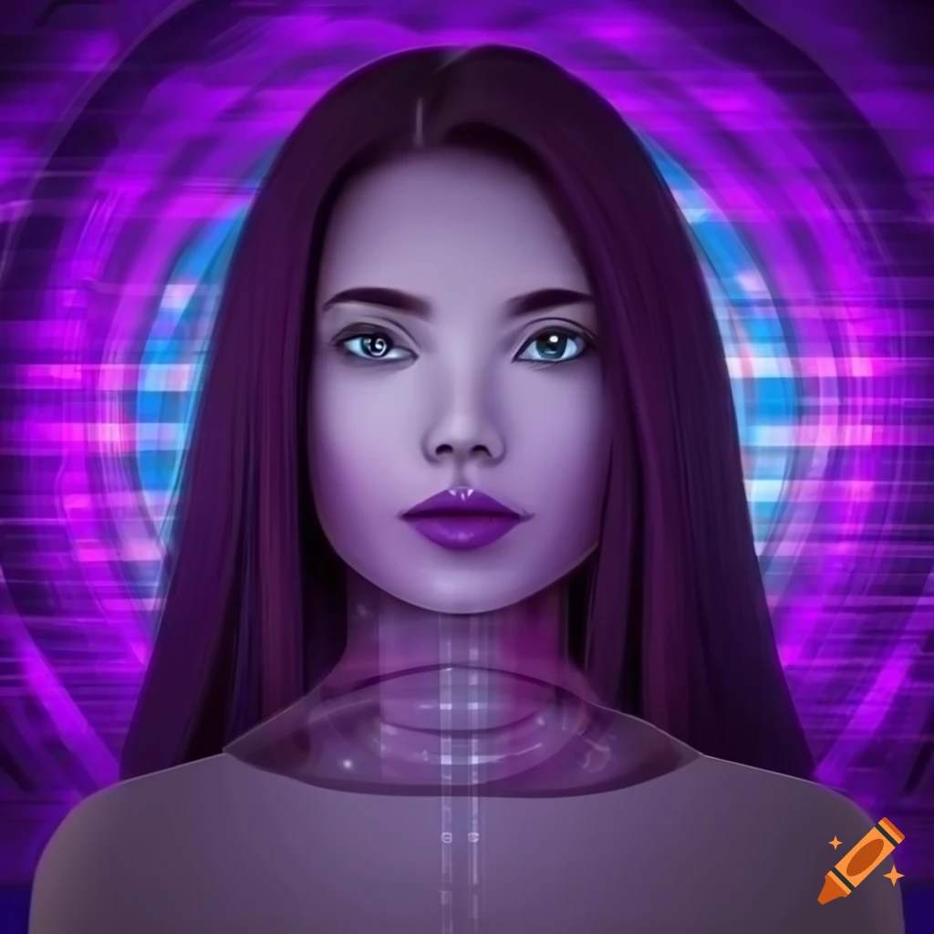 Young woman with long brown hair on a tech-themed background on Craiyon