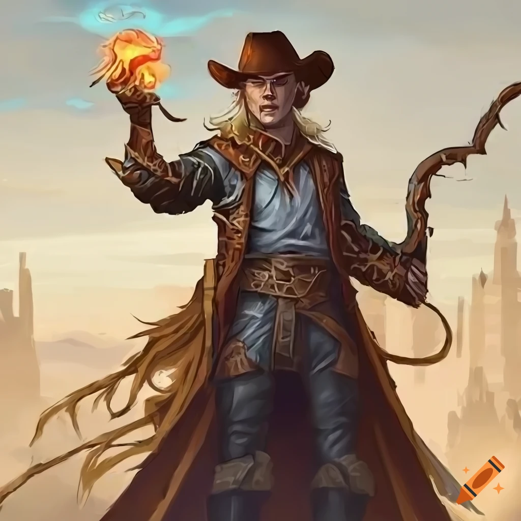 Male d&d sorcerer in cowboy attire in a desert city on Craiyon