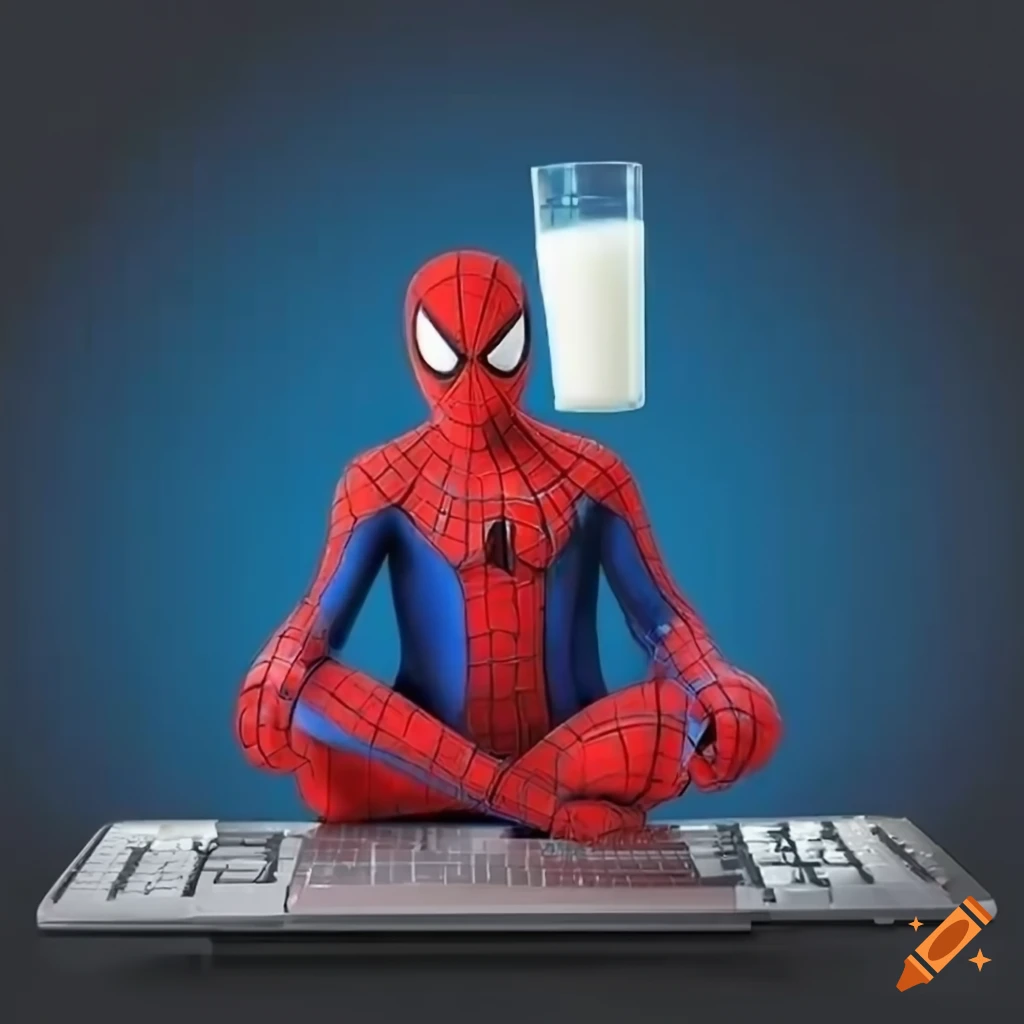 Person in a 3D spiderman costume working on a computer while drinking ...