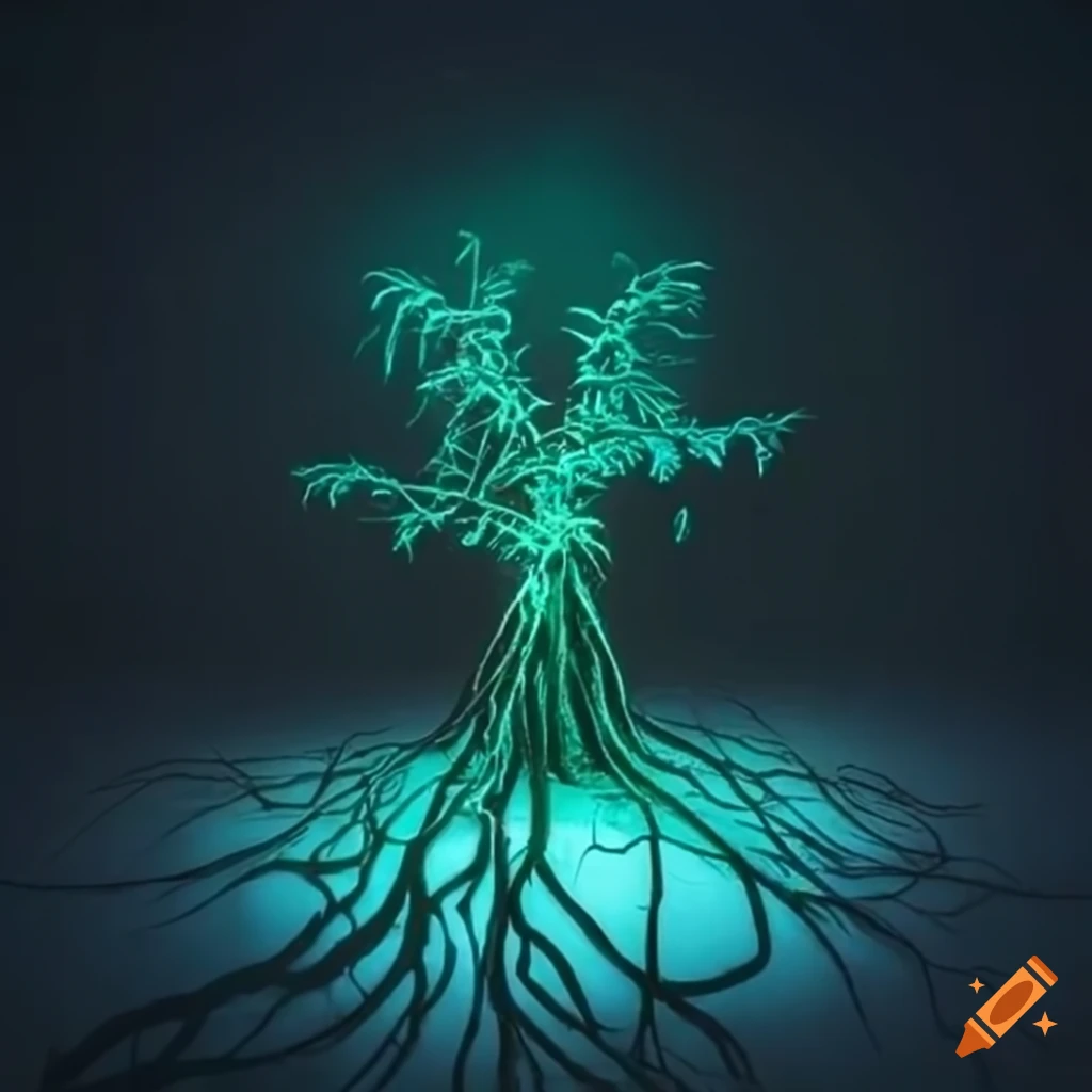 Neon plant with long roots in an eerie foggy landscape on Craiyon