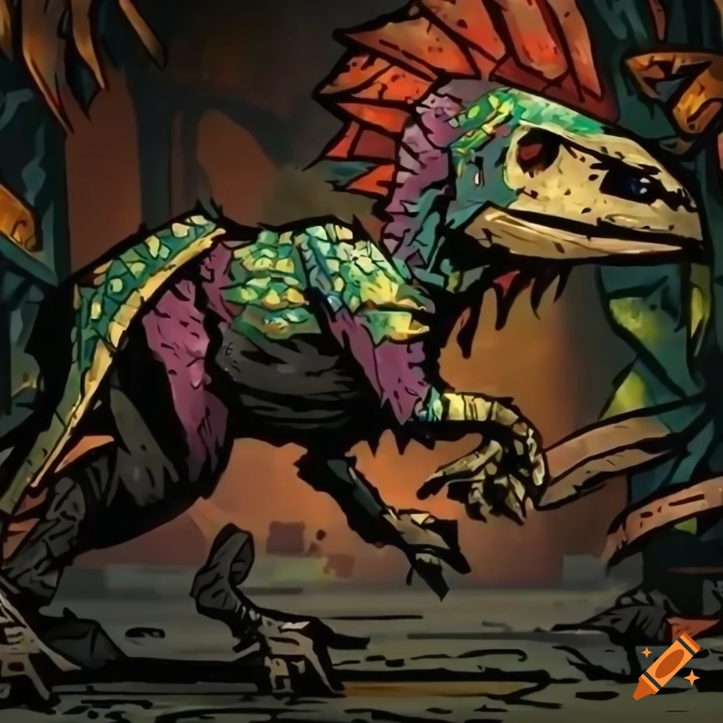 Colorful feathered raptor with gold jewelry in lush jungle setting on ...