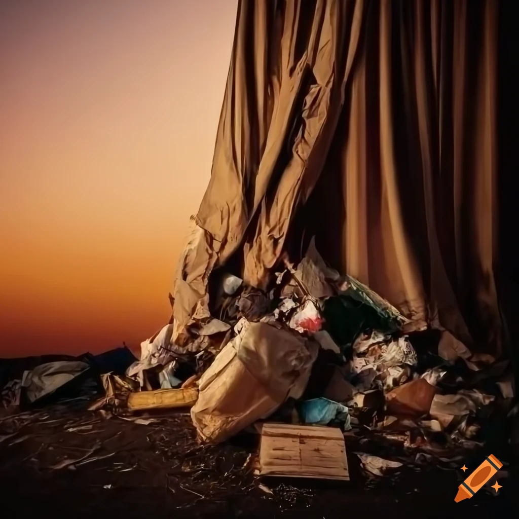 Pile of junk garbage covered with drapery in a dramatic destroyed ...