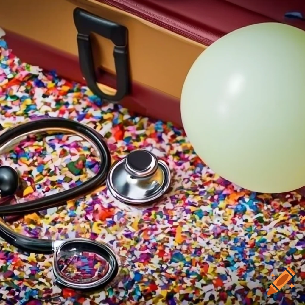 Number '4' with confetti and balloons surrounded by stethoscope ...