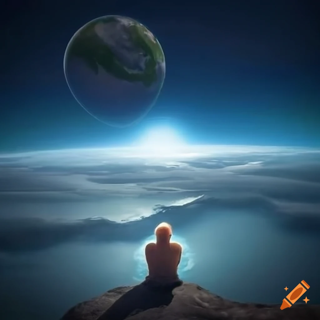 Person peacefully sitting on earth with a stunning planet view on Craiyon