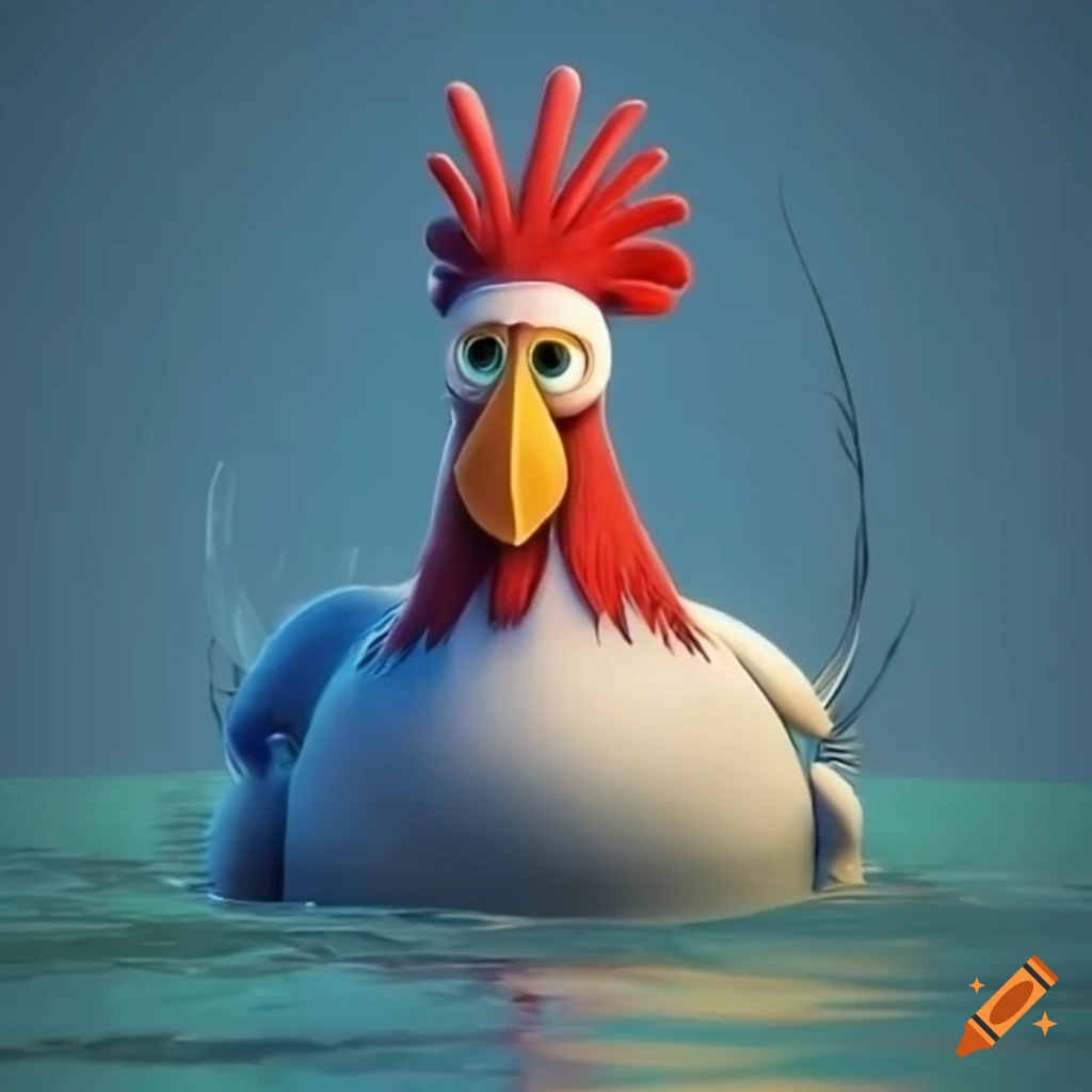 A rooster swimming in the water, struggling, in pixar 3d with relief on ...