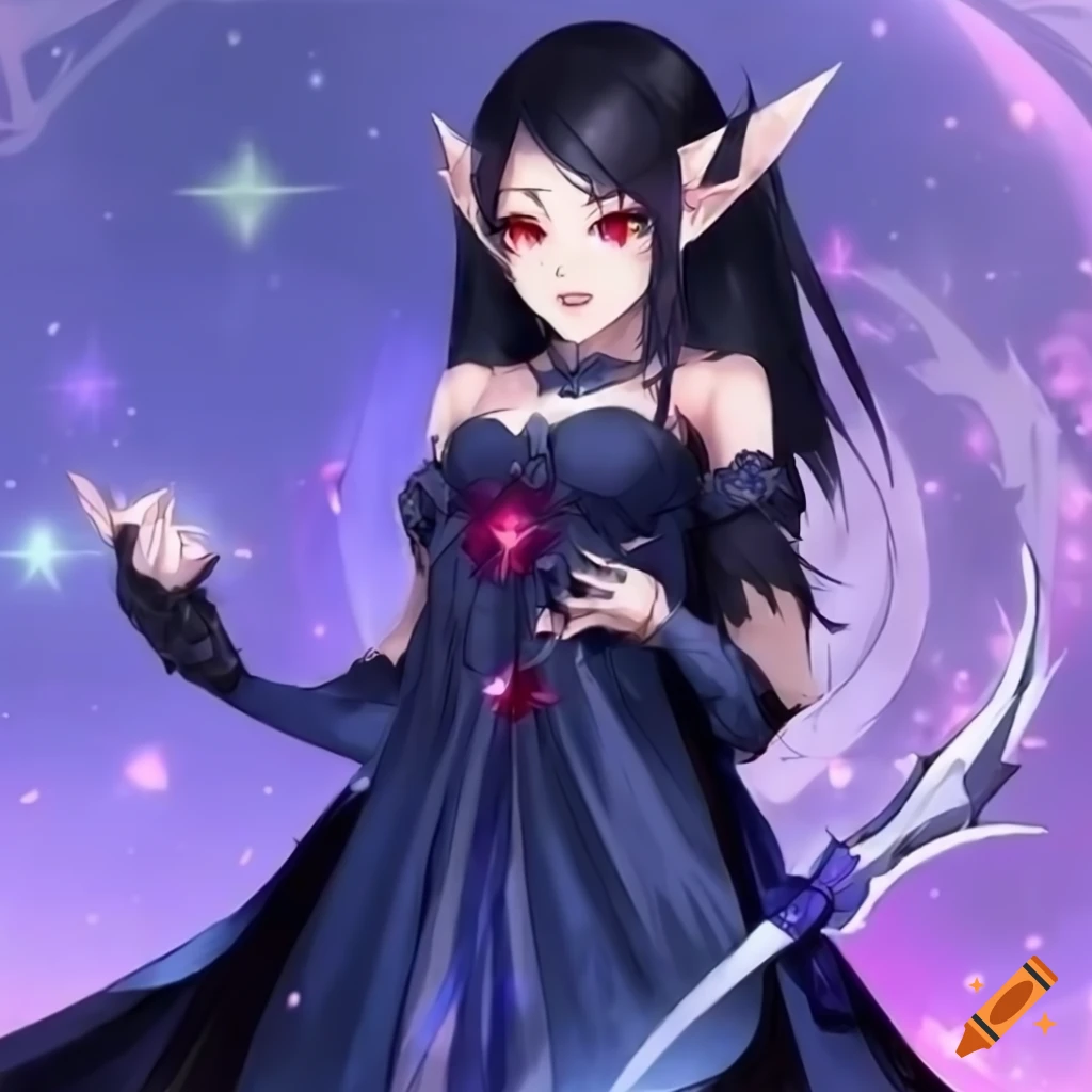 Anime fantasy demon elf queen in blue star dress with black short hair ...