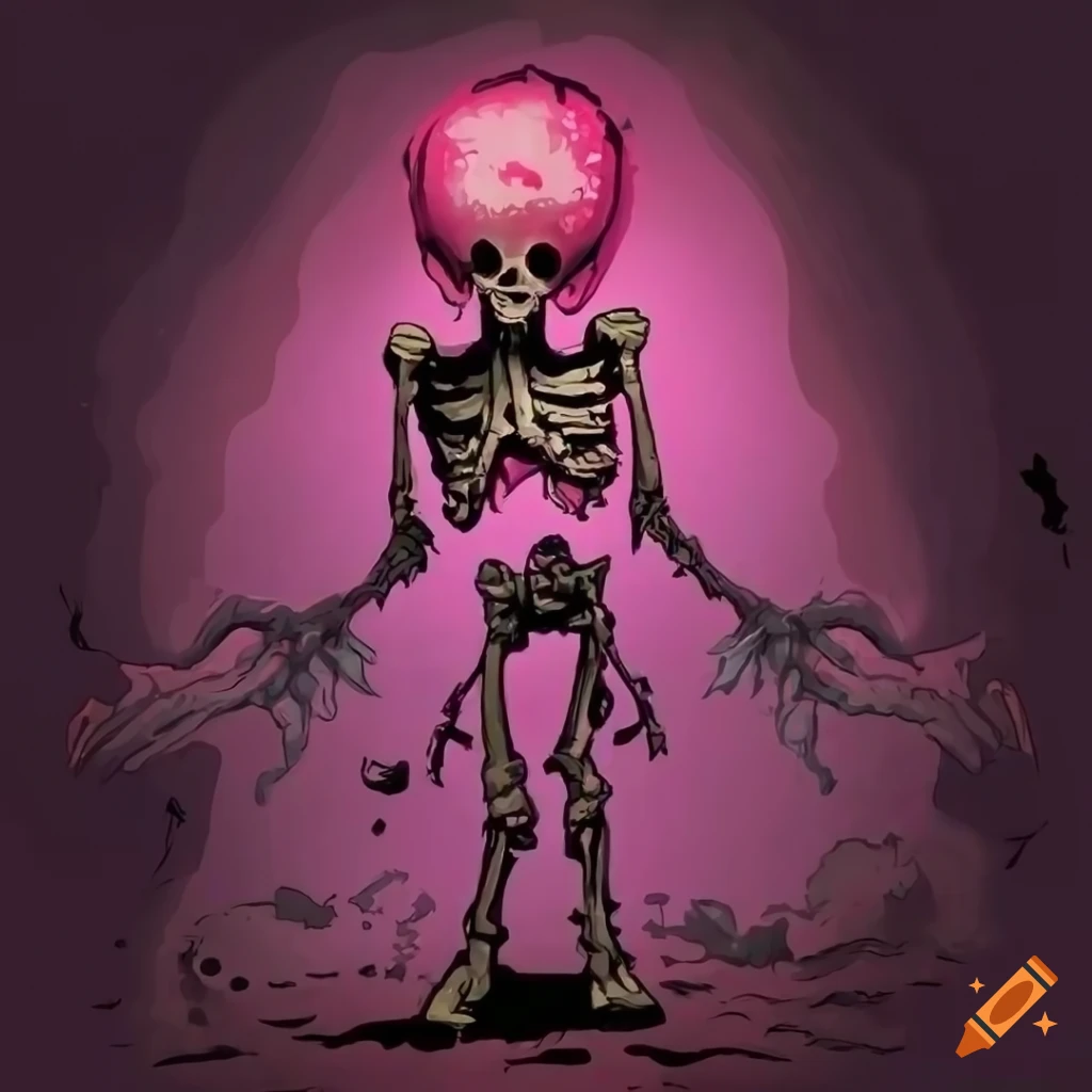 Skeleton standing behind pink slime creature in a dark fantasy setting ...