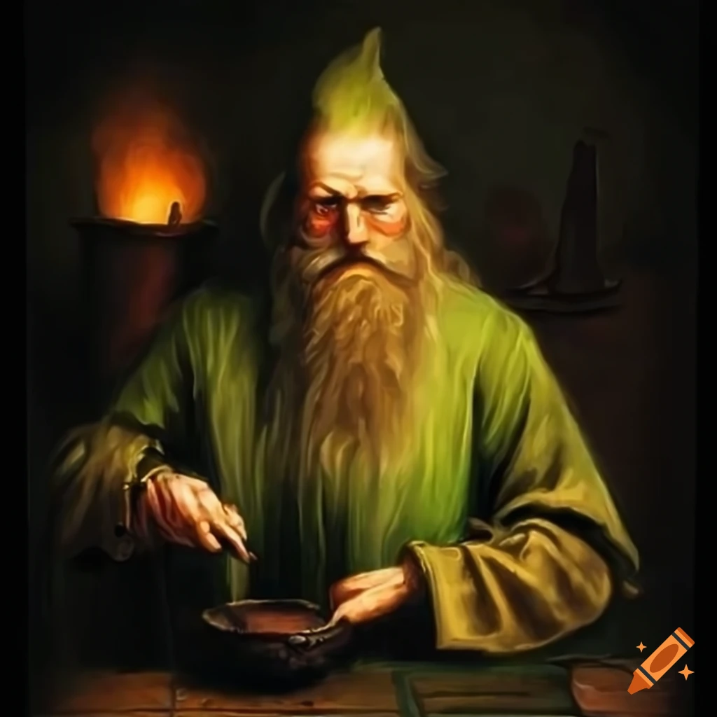 Renaissance-style painting of a bearded wizard brewing a potion in an ...