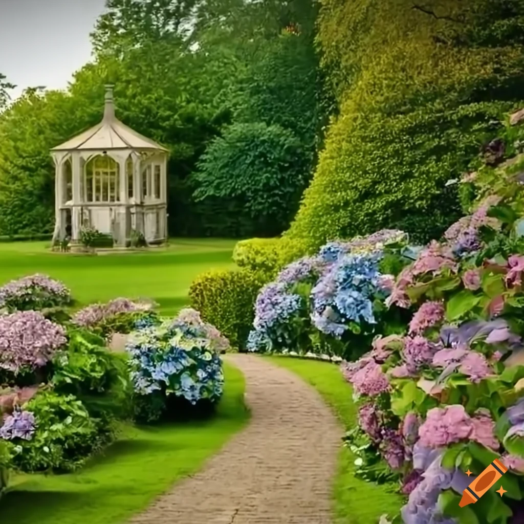 Beautiful english garden with stone path, gazebo, and hydrangeas on Craiyon