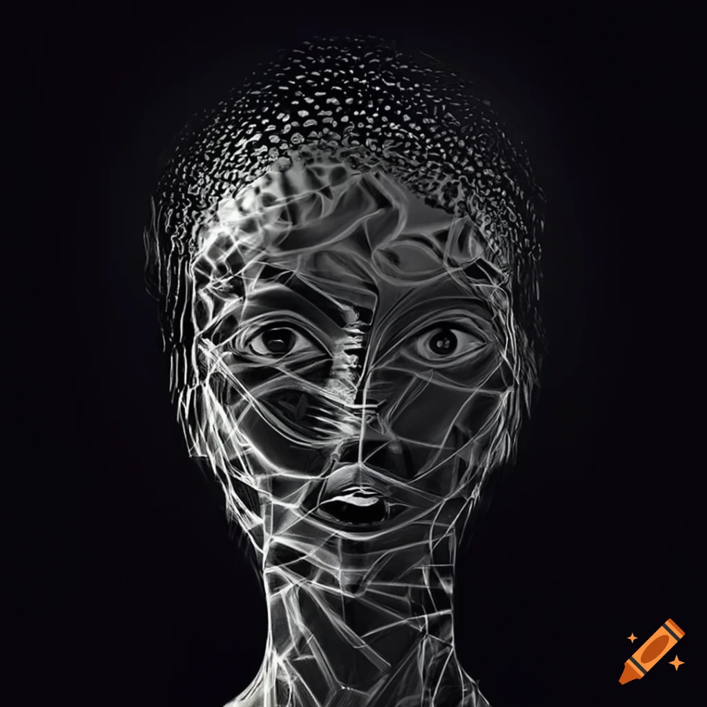 Artwork of geometric elements with a woman's face and infinite reflections in monochrome on Craiyon