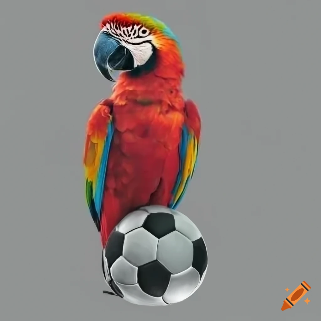 Colorful macaw perched on a soccer ball on Craiyon
