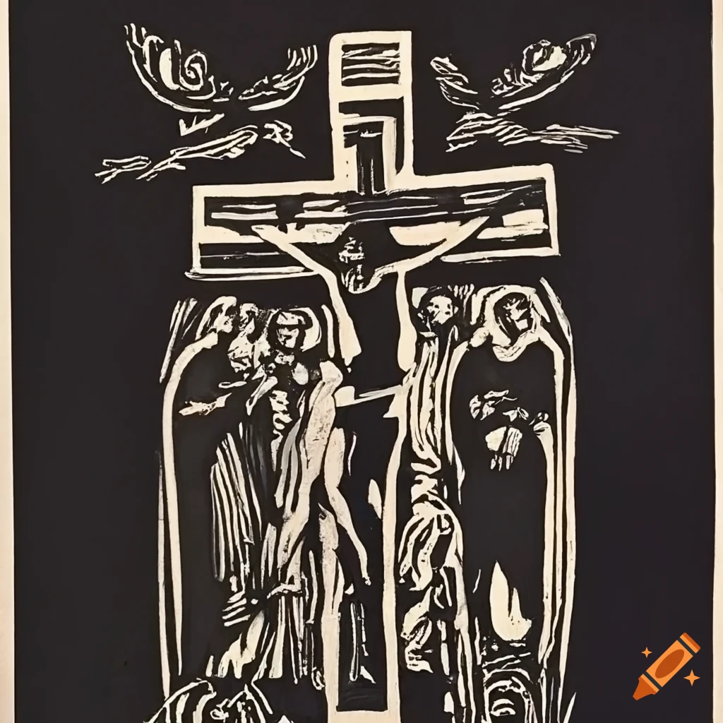 Linocut depiction of the crucifixion on Craiyon