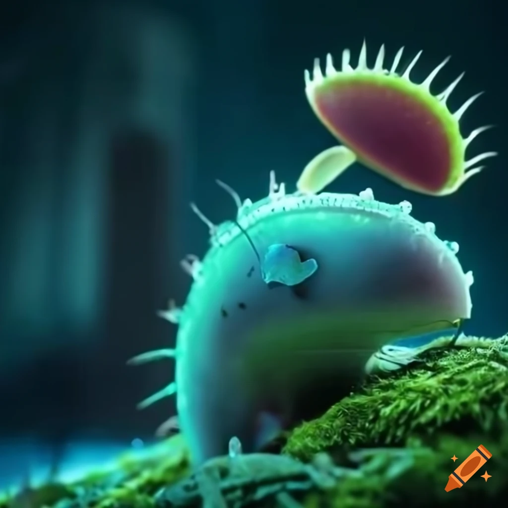 Glowing biopunk venus flytrap creature in a moss-covered cityscape on Craiyon