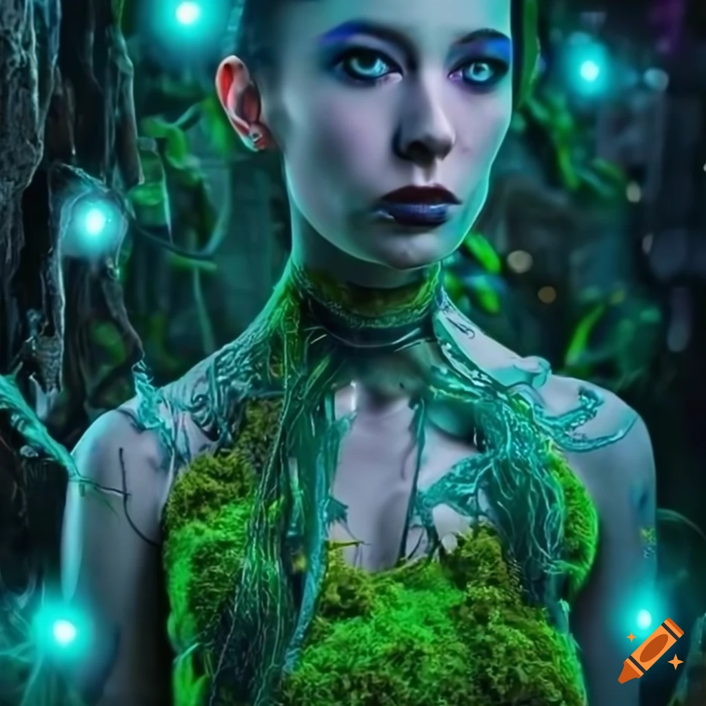 Glowing biopunk cityscape with green moss, plants, mushrooms, and ...