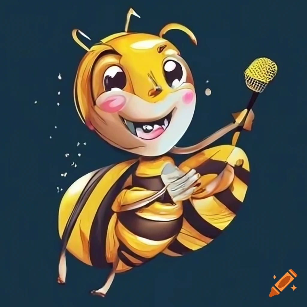Cheerful bee singing into a microphone on Craiyon