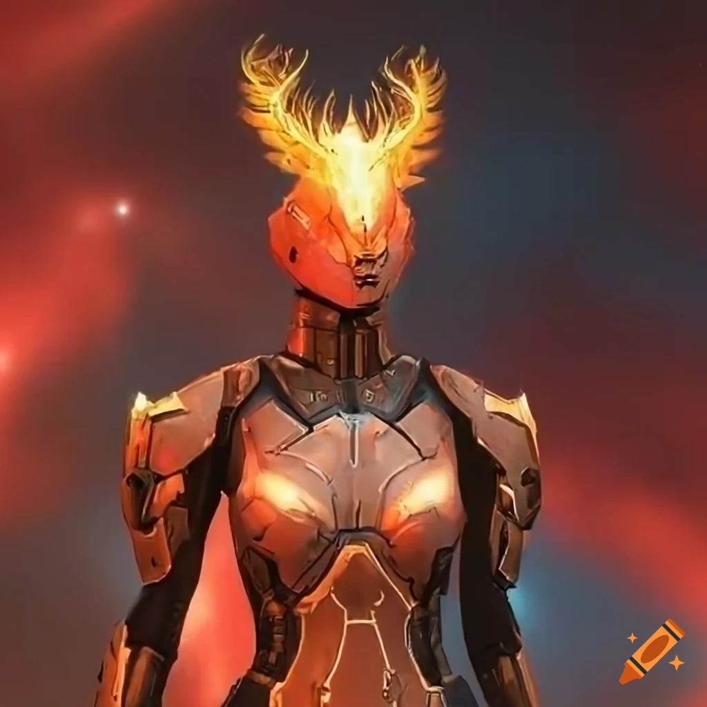 Futuristic phoenix space armor on a female character with front lighting on Craiyon