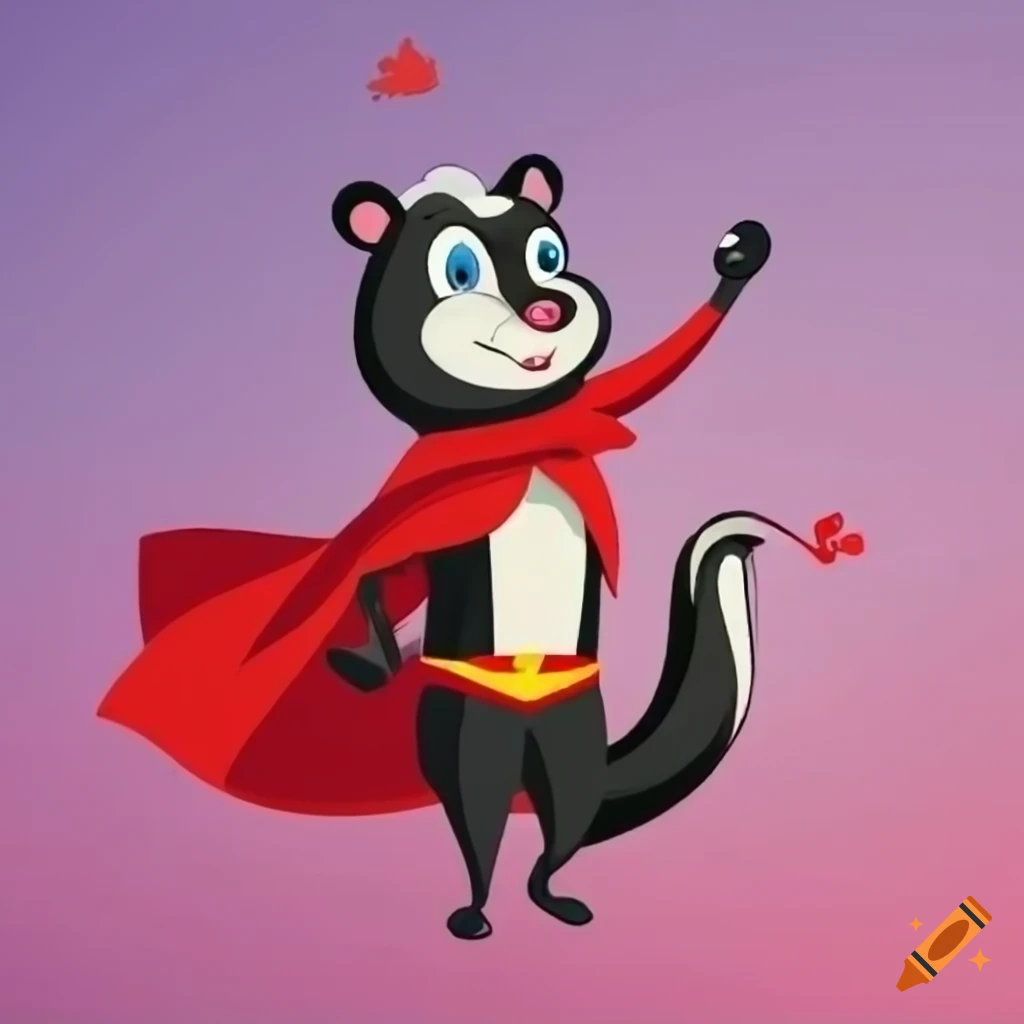 Cartoon skunk superhero flying with a red cape on Craiyon