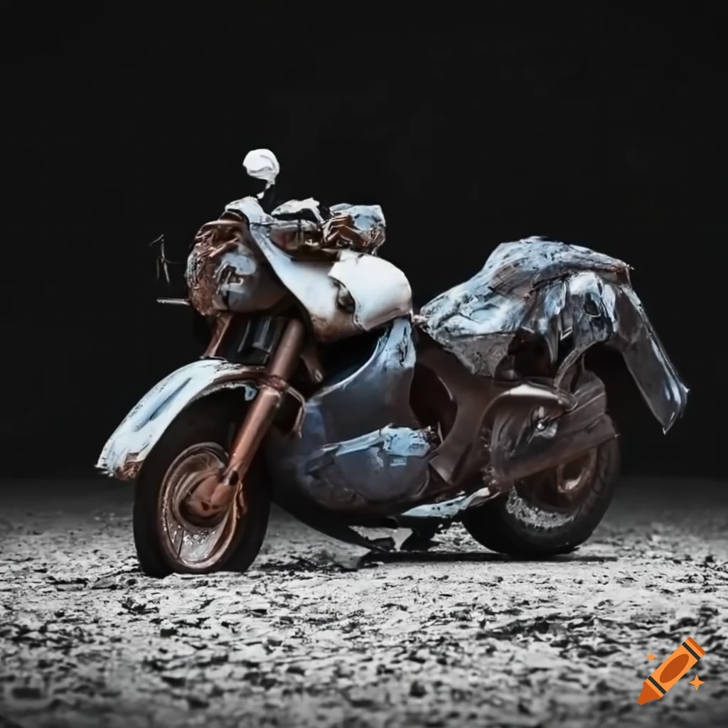 Damaged motorcycle on a gravel road on Craiyon