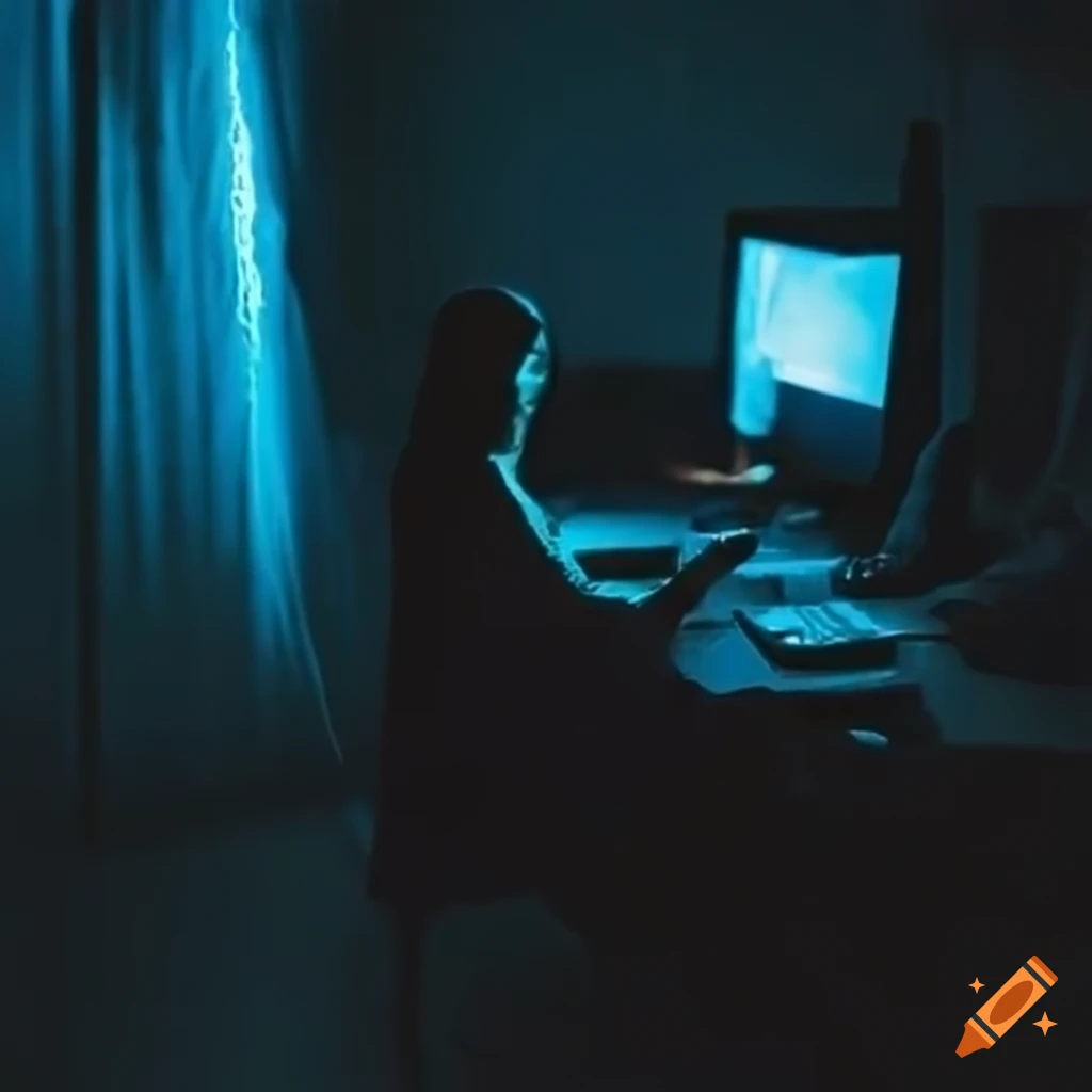 Disheveled programmer working in dimly lit room with lightning on Craiyon