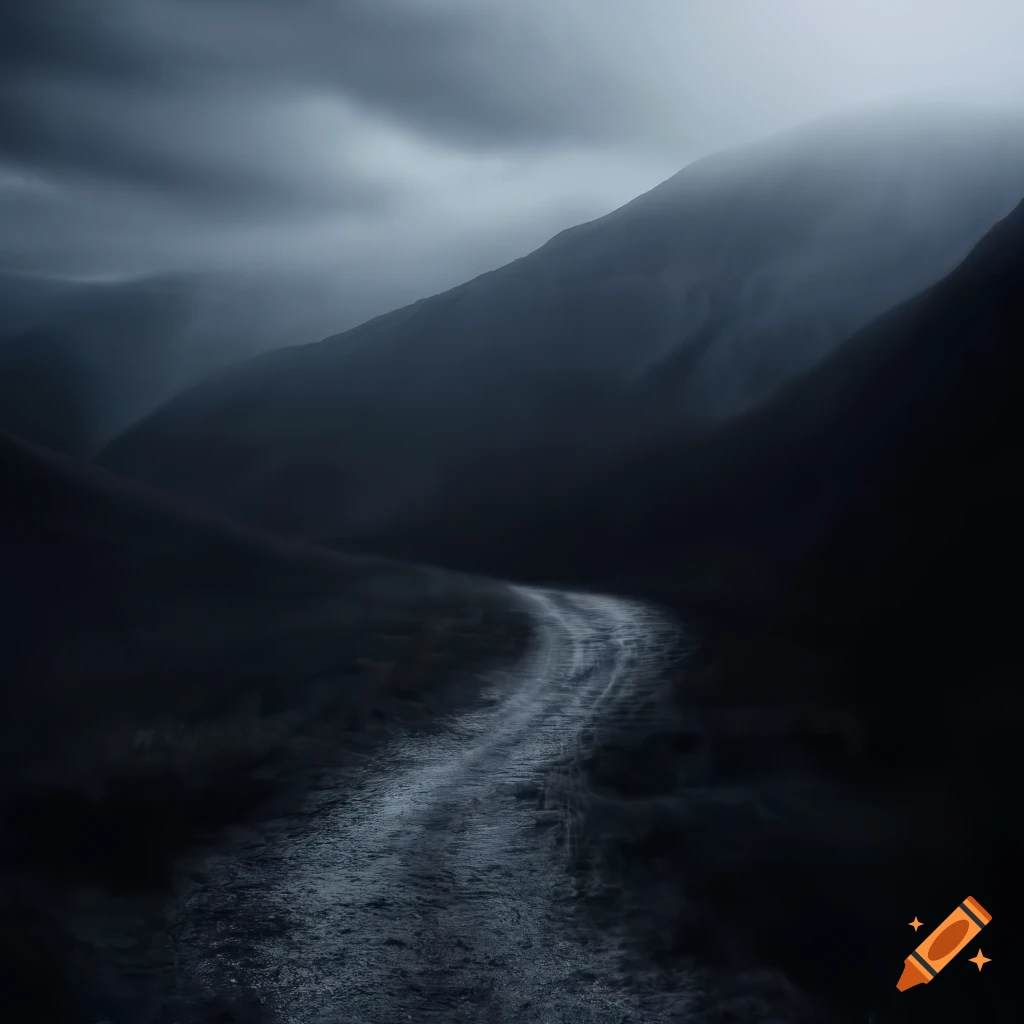 Winding path through desolate landscape towards foreboding mountain on ...