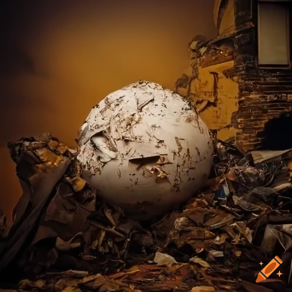 Pile of junk garbage covered with a drapery in a dramatic landscape on ...