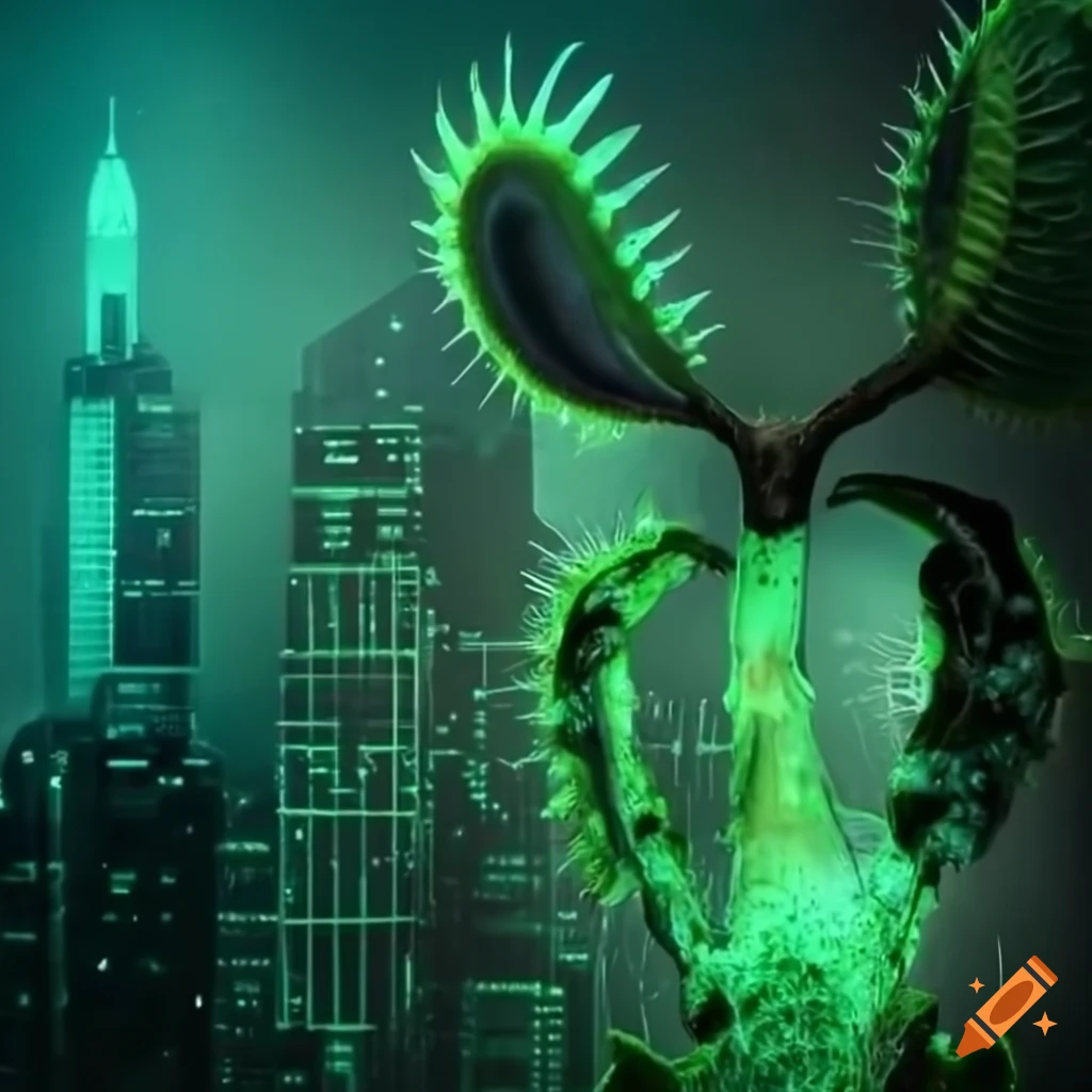 Biopunk Venus flytrap creature in a cityscape covered in moss and ...