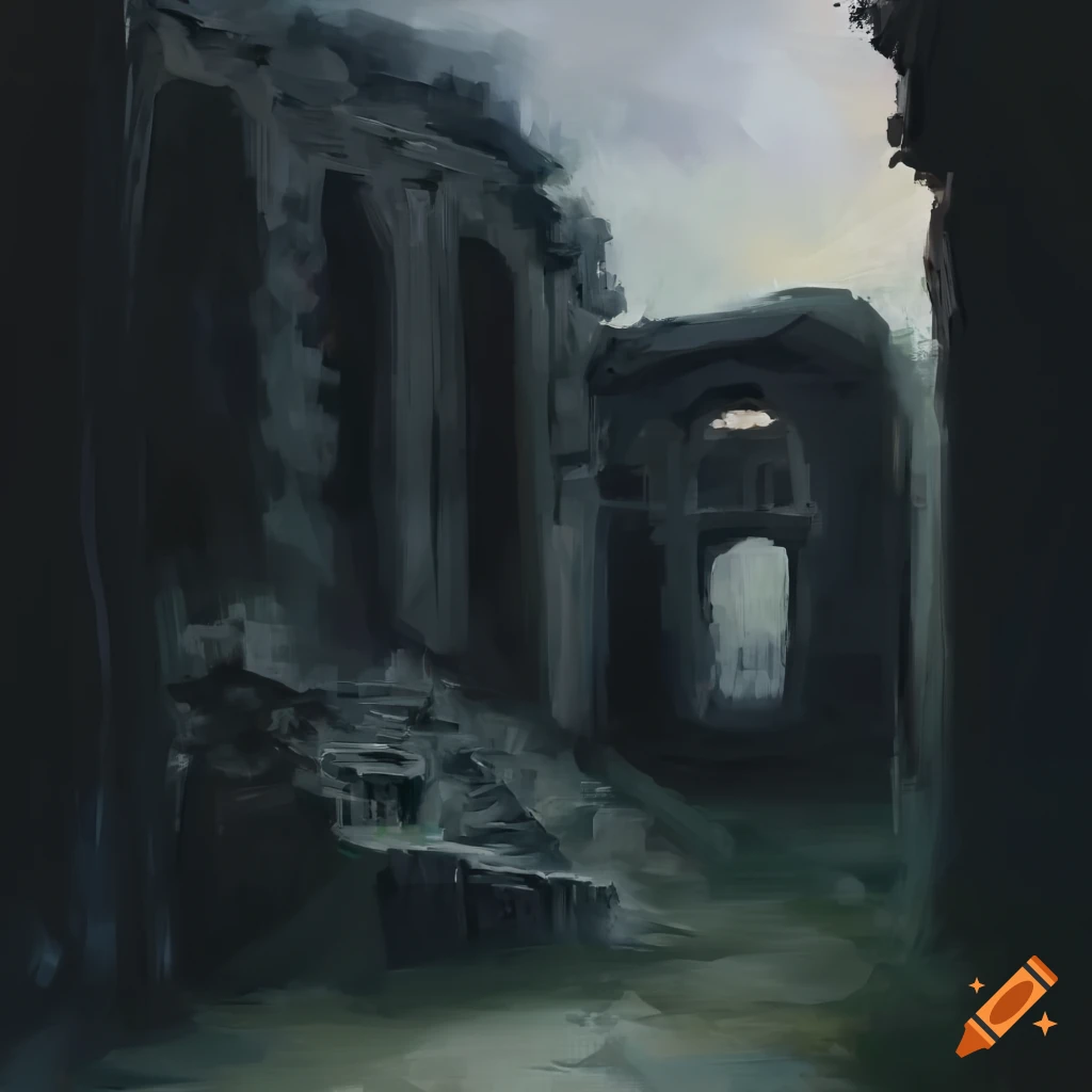 Sprawling abandoned stone ruin in an impressionist painting on Craiyon