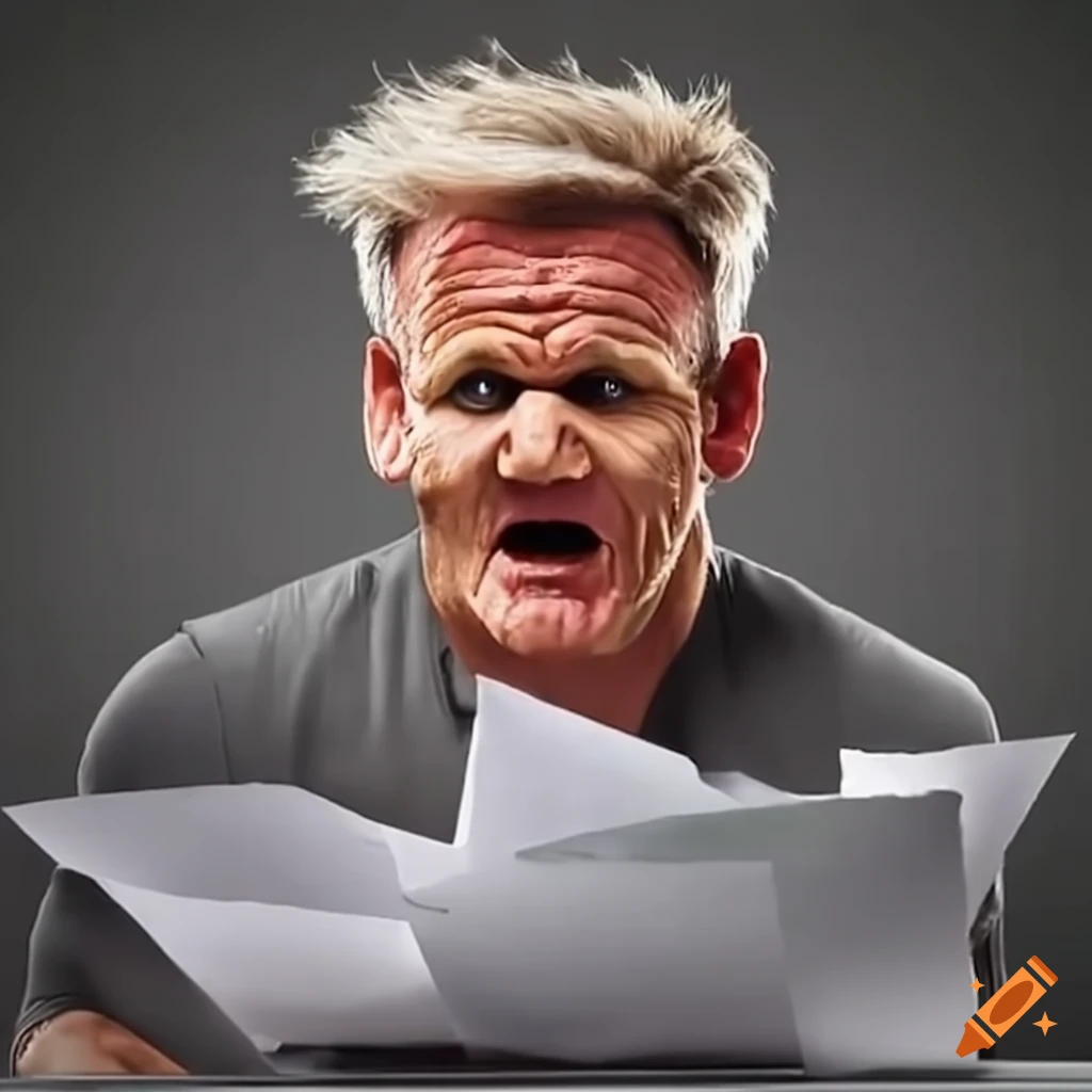 Angry gordon ramsay throwing papers at a desk on Craiyon