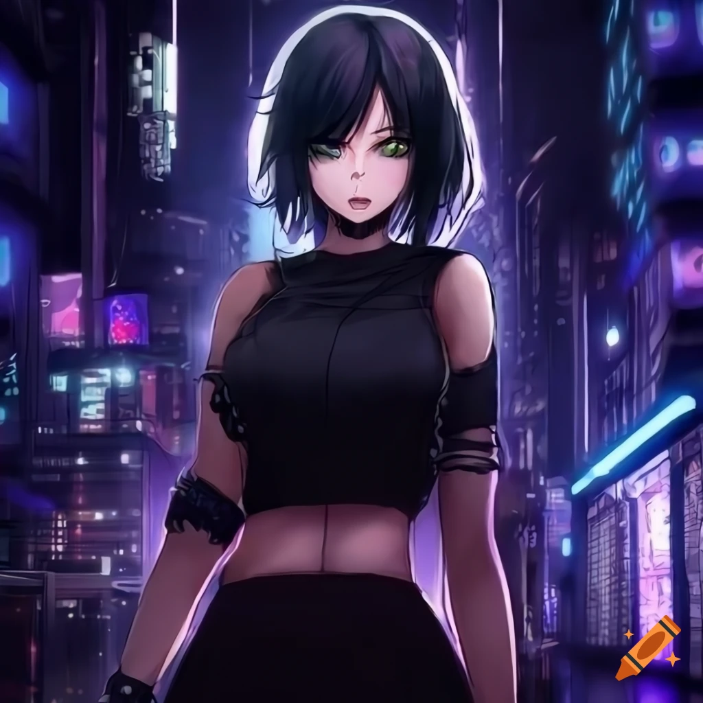 Punk rock anime character with black skull t-shirt in a night city ...