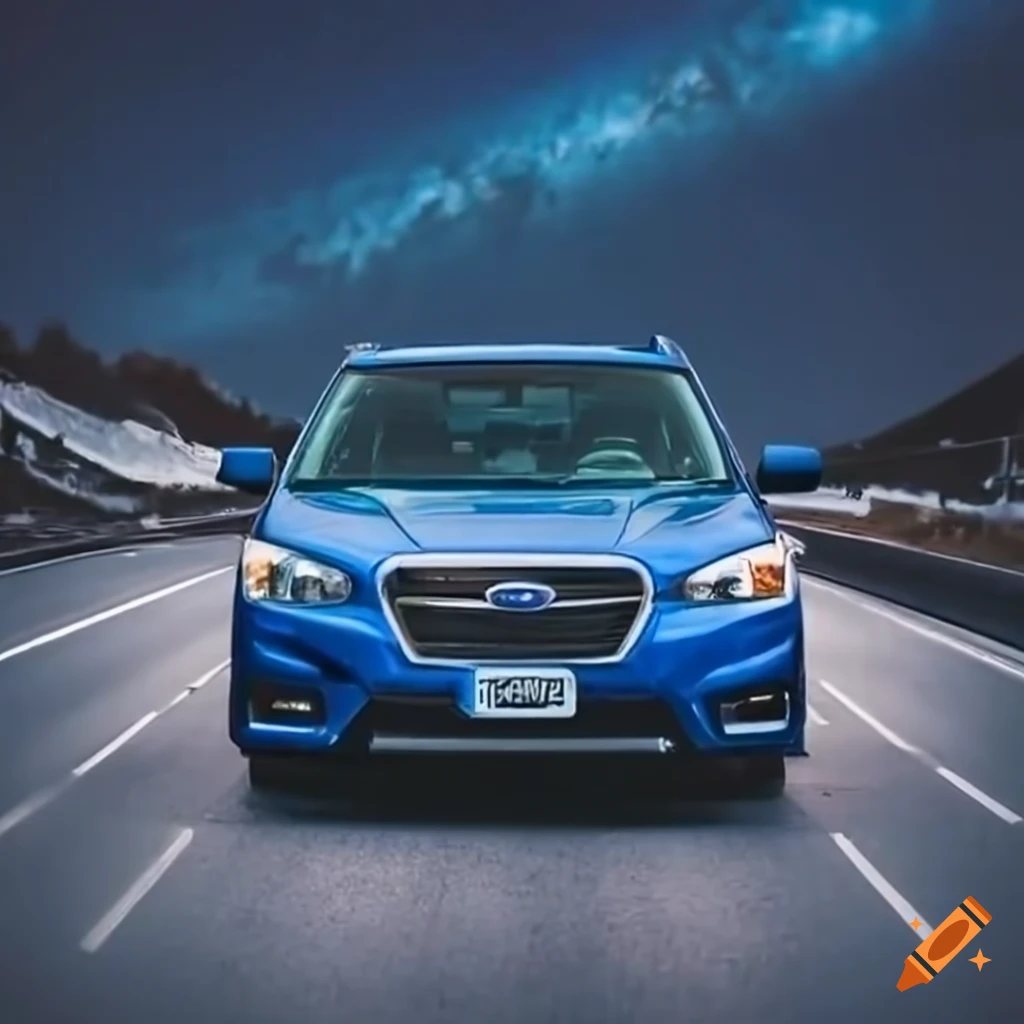 Blue subaru legacy on empty freeway under starlit sky on Craiyon