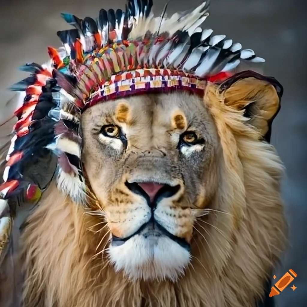Lion with Native American war bonnet on Craiyon