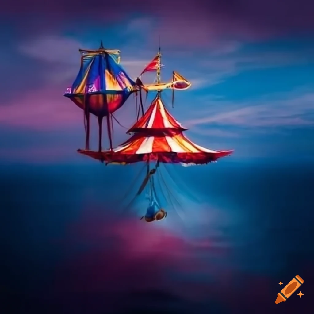 Flying circus ship with trapeze act on Craiyon