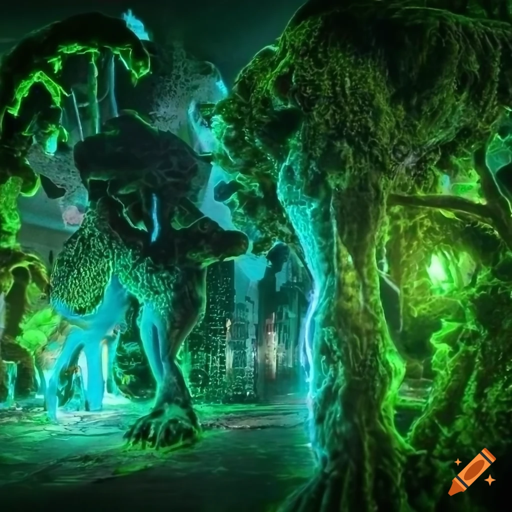 Glowing biopunk cityscape with green moss, plants, mushrooms, and ...