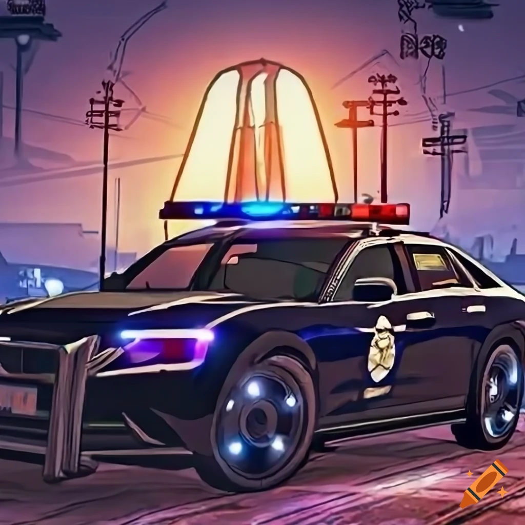 Gta loading screen featuring a cop car on Craiyon