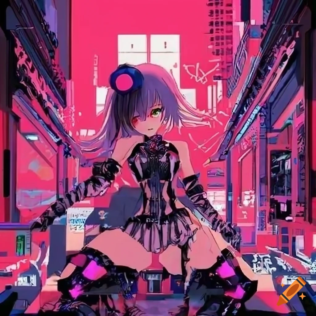 Cyberpunk anime girl breakcore album cover on Craiyon
