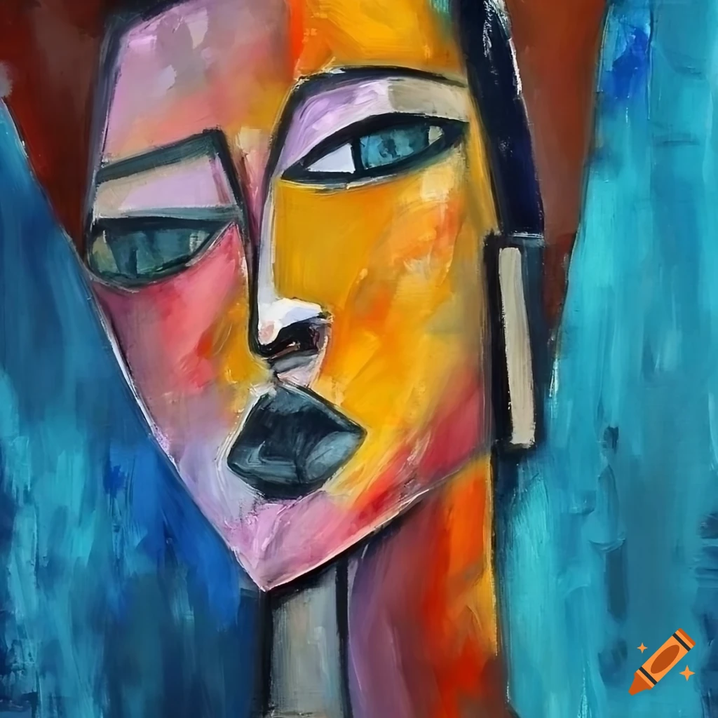 Abstract cubist expressionist portrait of a woman in oil painting on ...