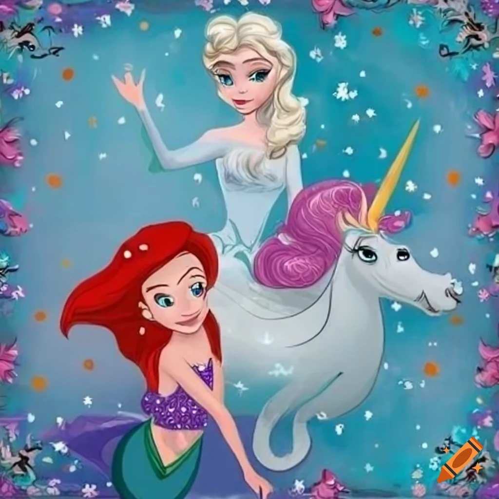 Elsa the snow queen, ariel the little mermaid, and a unicorn in a ...