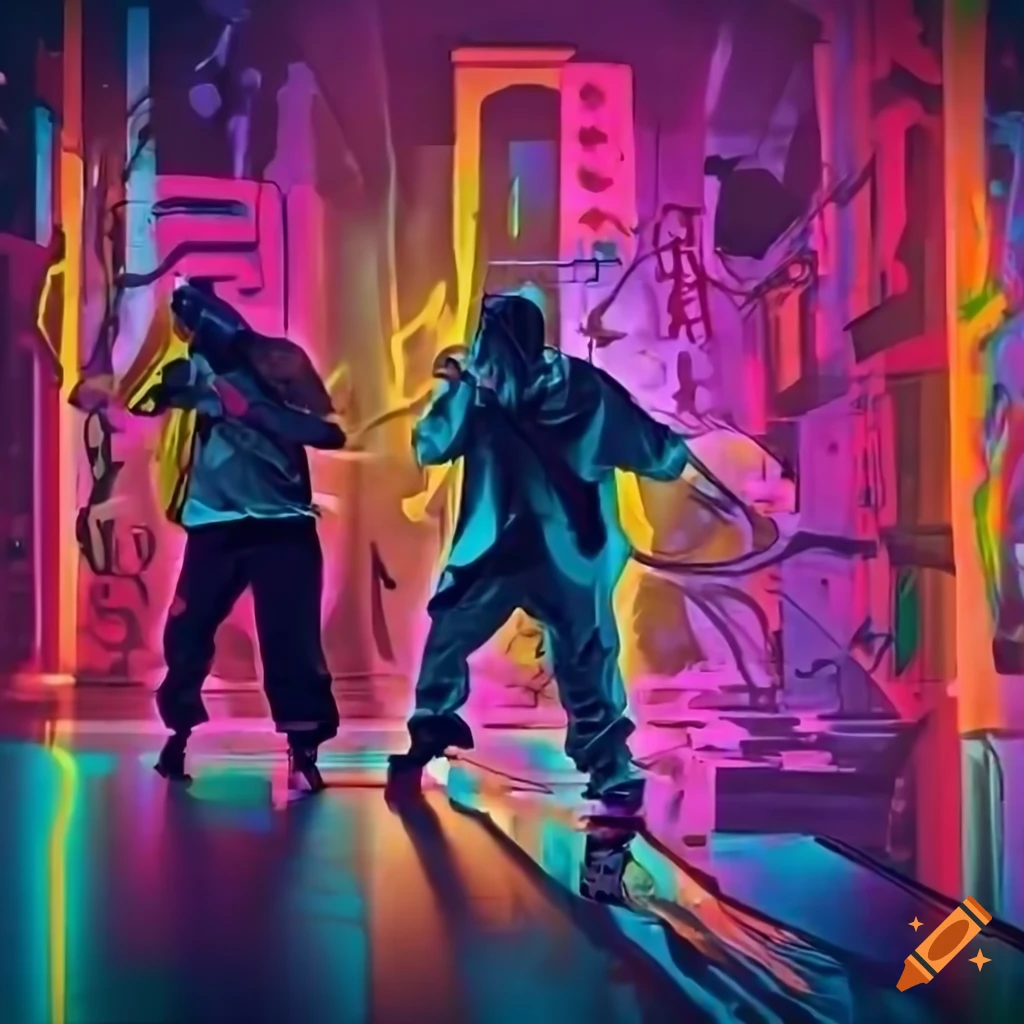 Dynamic rappers performing in urban setting with graffiti and neon ...