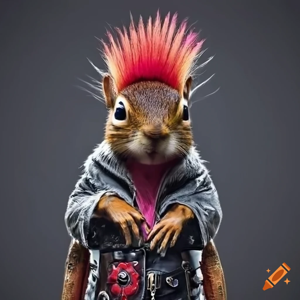 Squirrel in punk rock attire with Mohawk hairstyle on Craiyon