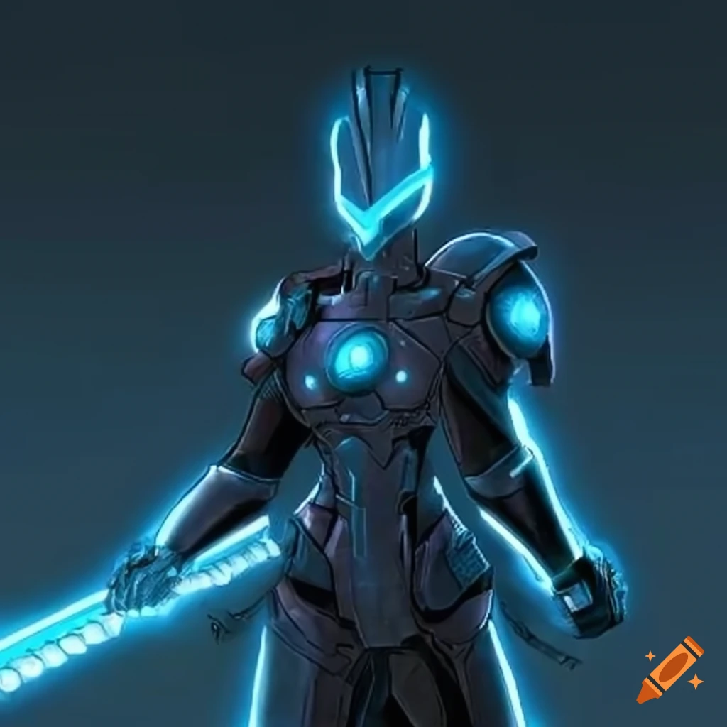 Superhero in modern armor wielding a glowing blue sword with a nuclear ...